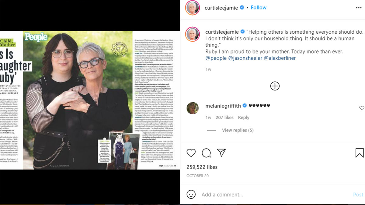 Jamie Lee Curtis opens up about daughter Ruby's journey coming out as trans