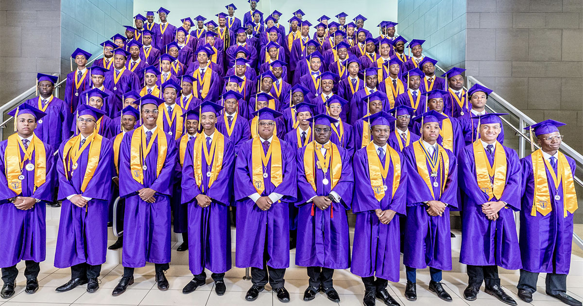 High school graduates celebrate their entire class getting into colleges